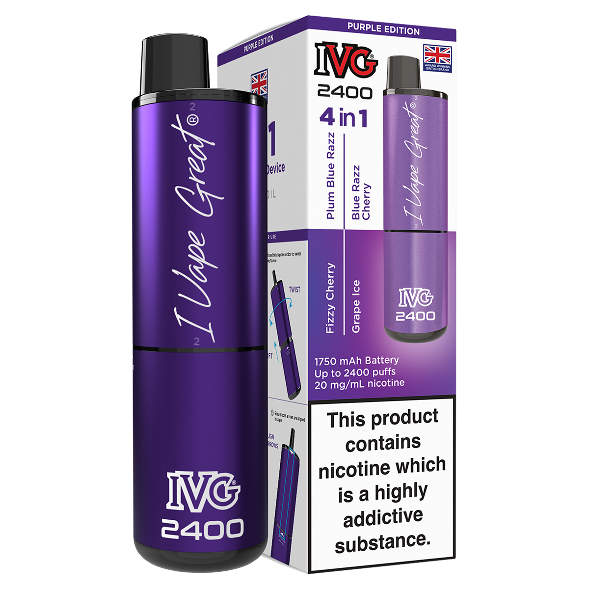 Purple Edition IVG 2400 Disposable Device | 4 Flavours In 1 | 3 For £30 ...